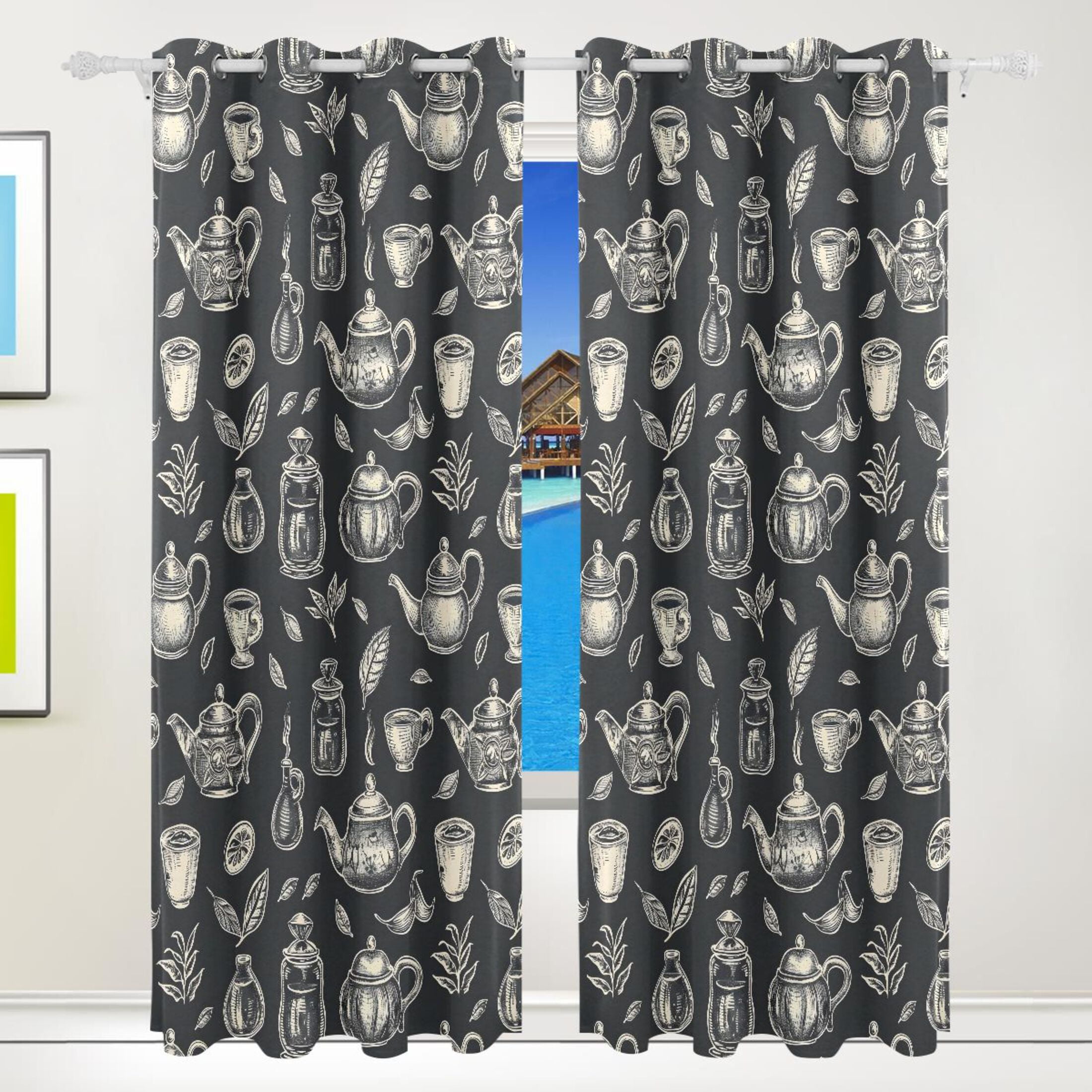 Tea Set with Tea Pots Blackout Curtains 72 inch Length 2 Panels Grommet ...