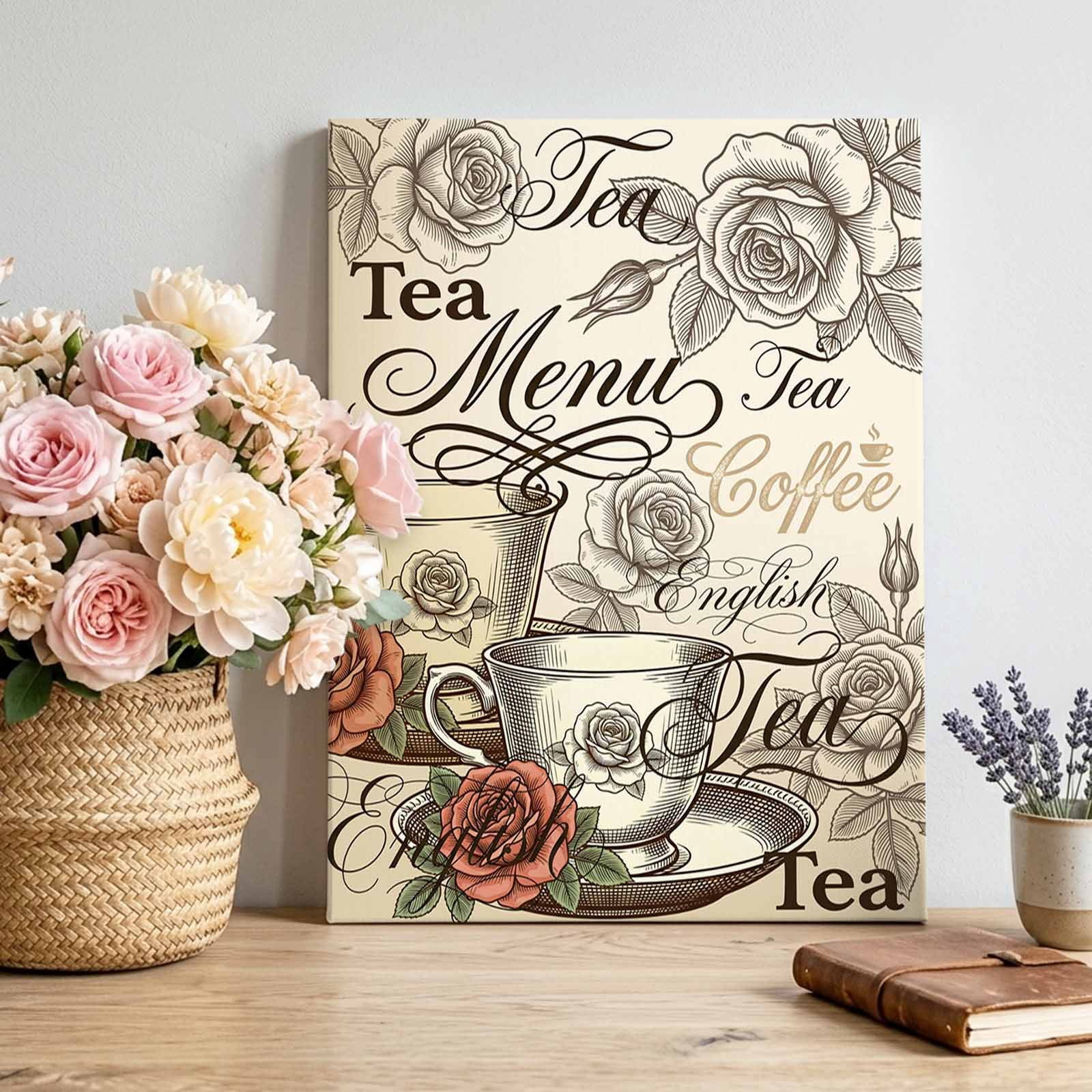 Tea Time Canvas Wall Art, Vintage Roses Coffee Cup Romantic French ...