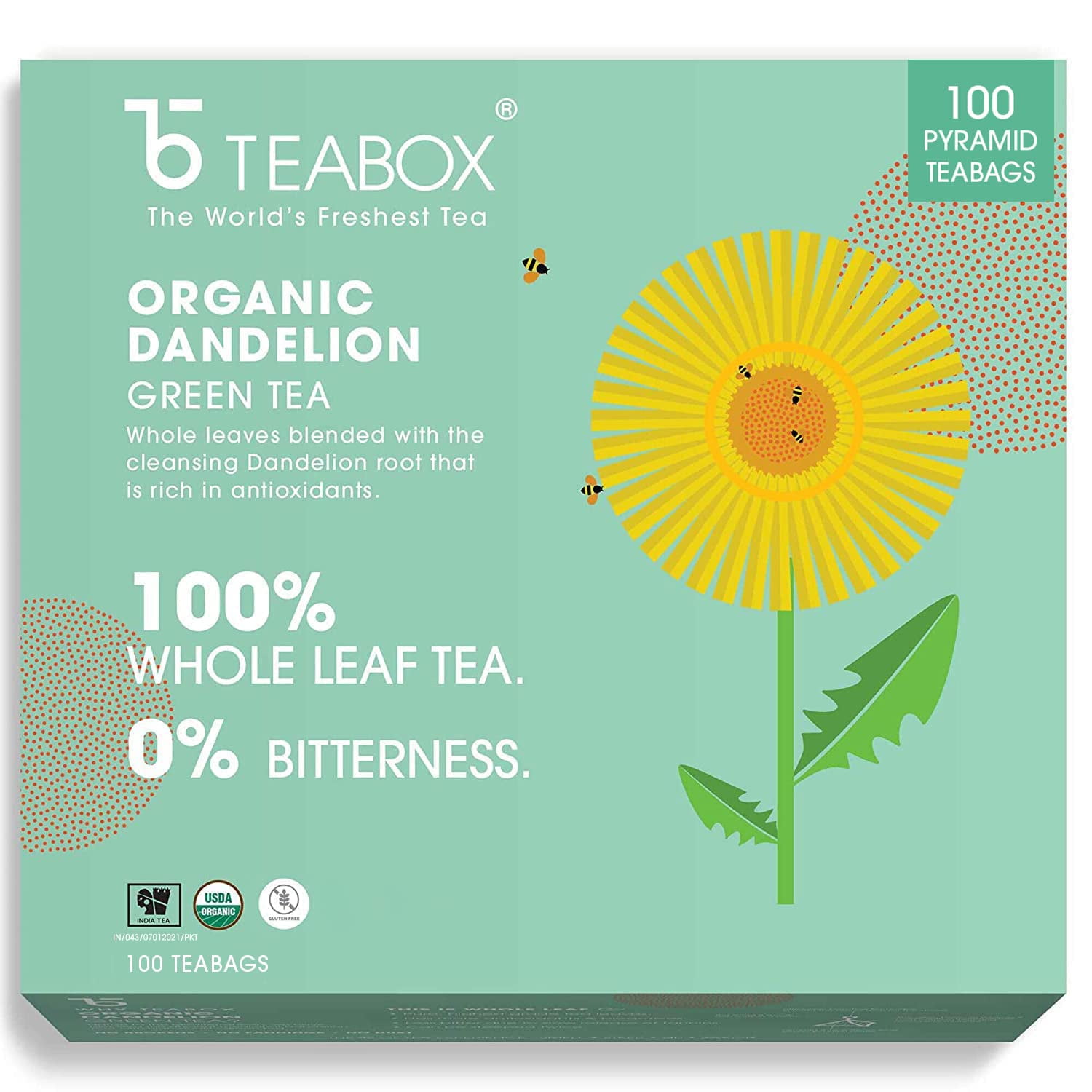 Teabox Dandelion Green Tea - 100 Pyramid Tea Bags | 100% Whole Leaf & 0 ...