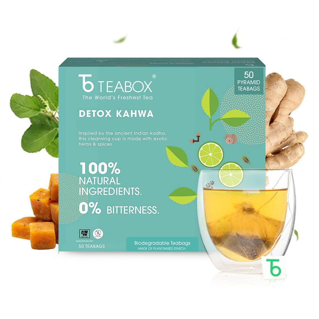 Teabox Detox Kahwa Herbal Tea - 50 Pyramid Tea Bags | Made With 8 ...