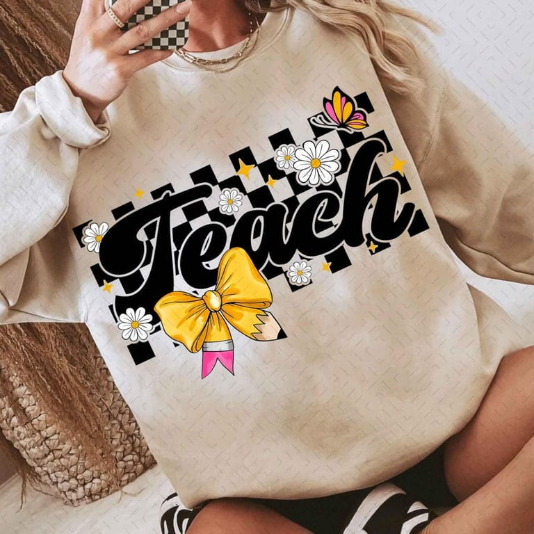 Teach Checkered Coquette Bow Design, Teacher Floral png, Teacher groovy ...