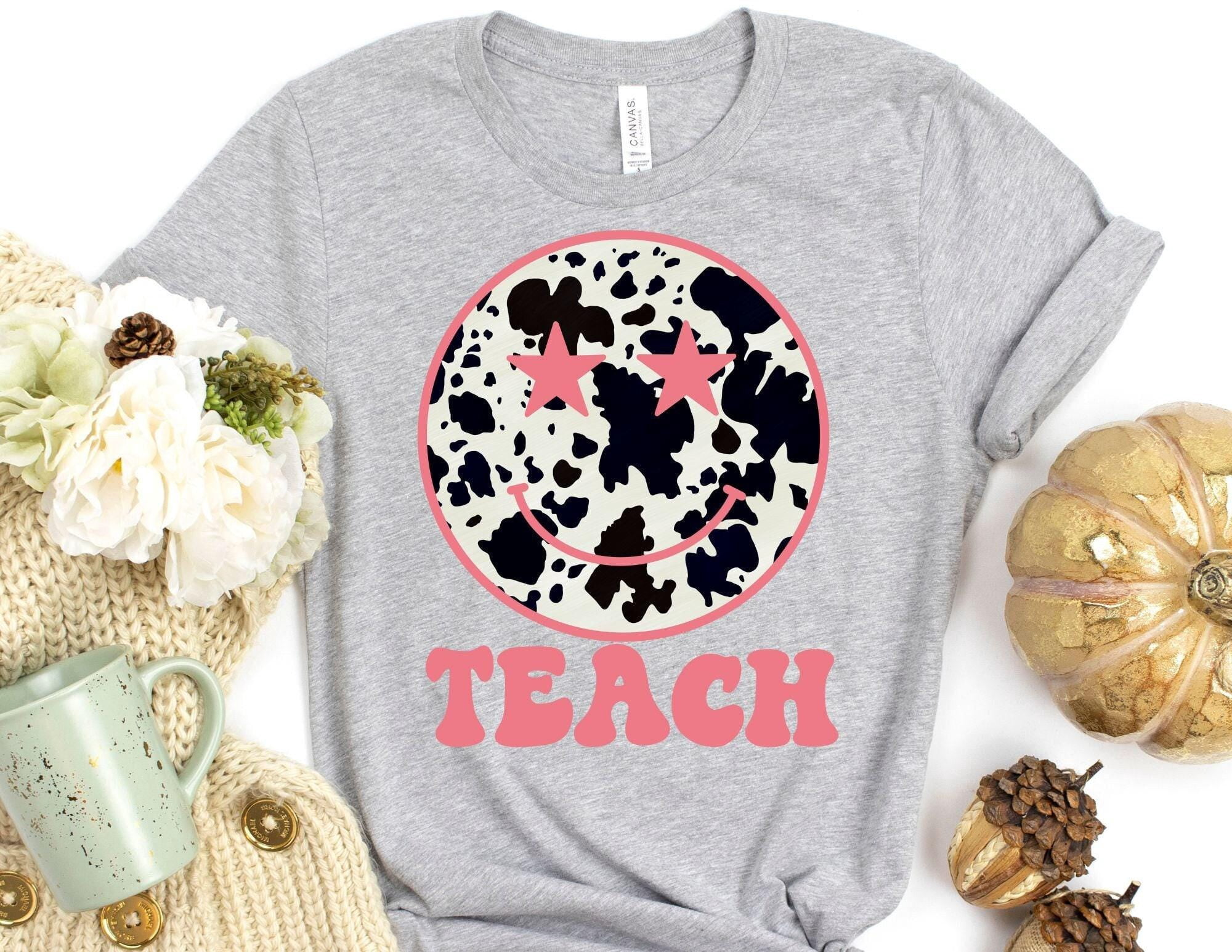Teach Cow Print Smiley Face Shirt Back to School Teacher Shirt ...