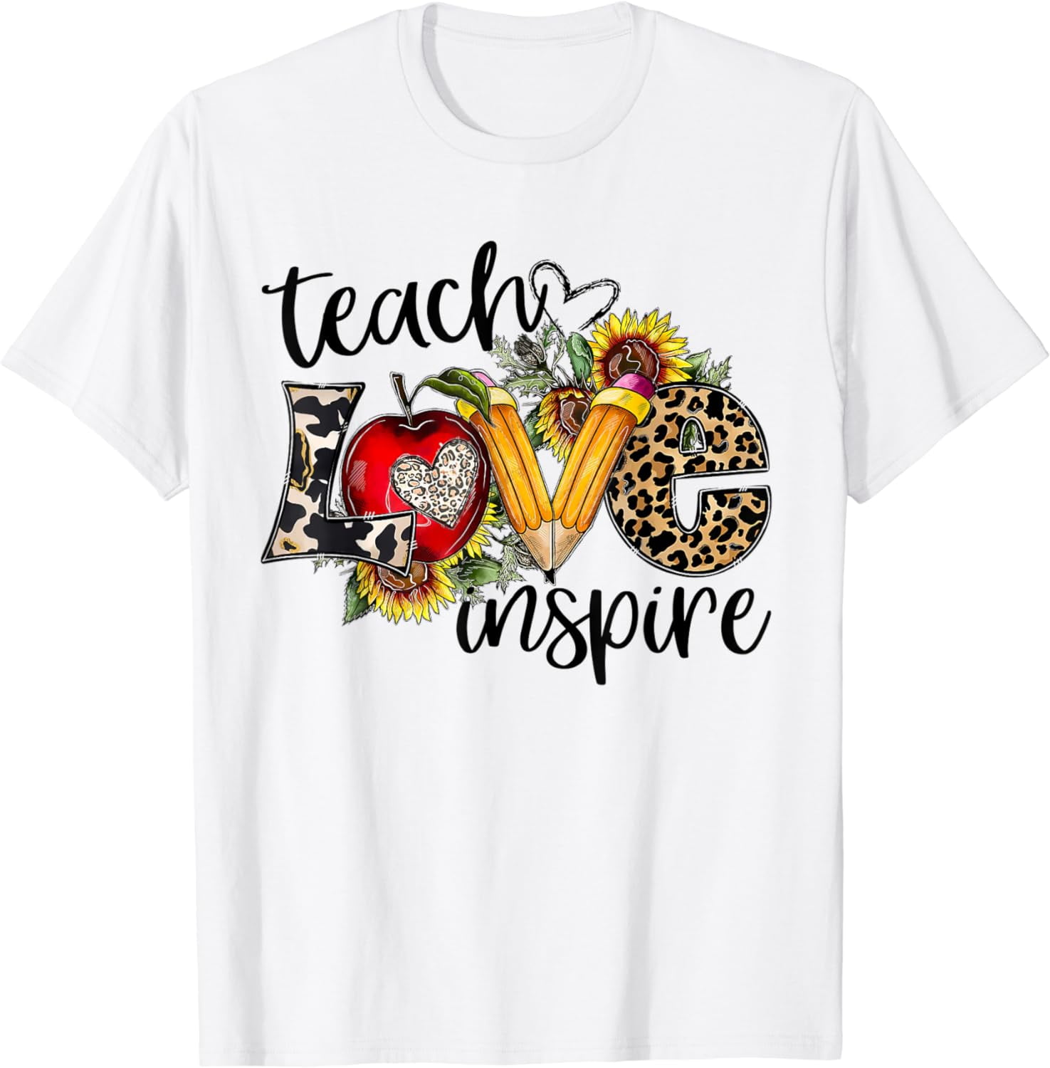 Teach Love Inspire Leopard Sunflower Teacher Back To School T-Shirt ...