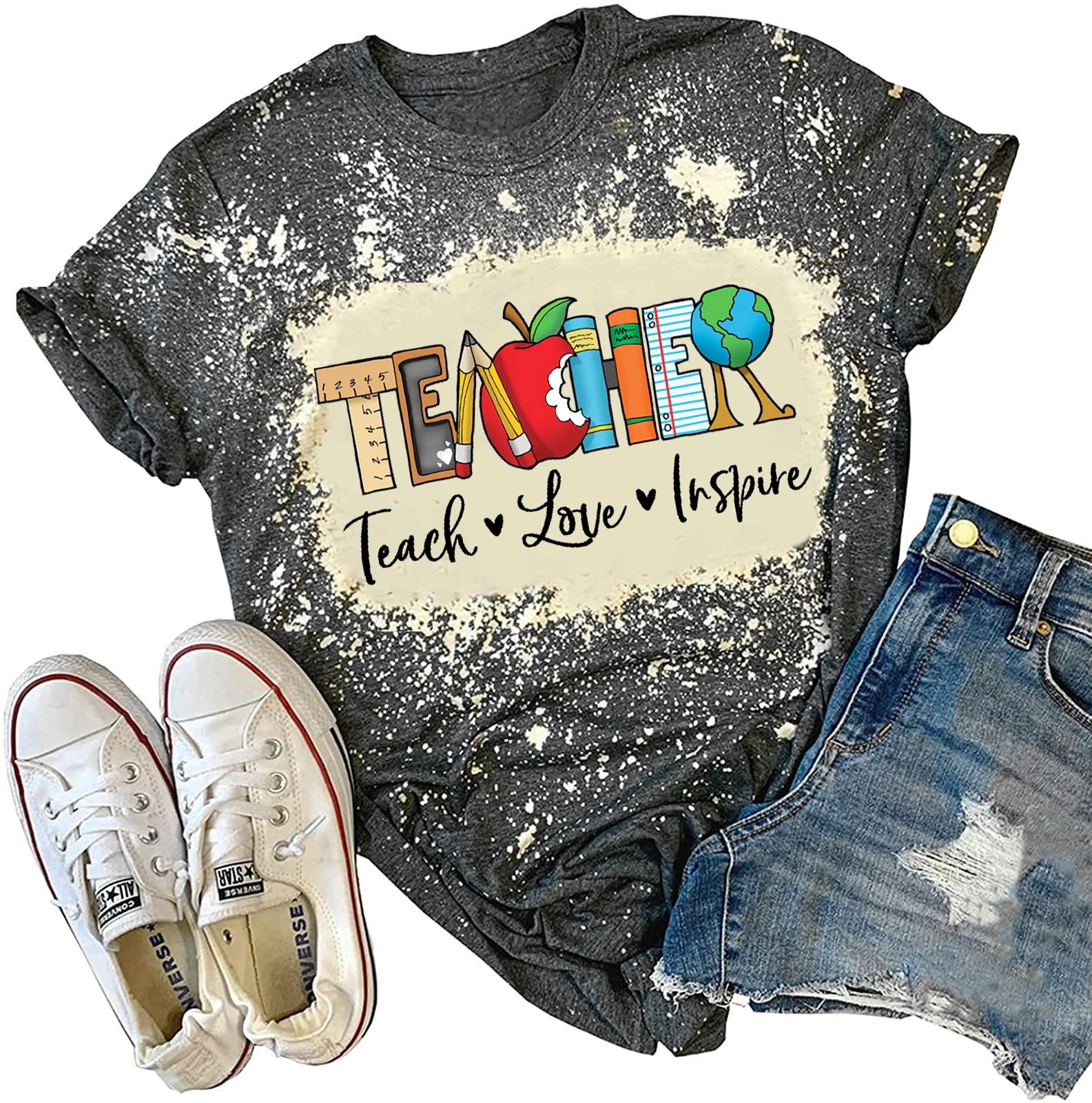 Teach T Shirt for Women Teacher Graphic Tees Tops Teach Inspire Letter ...