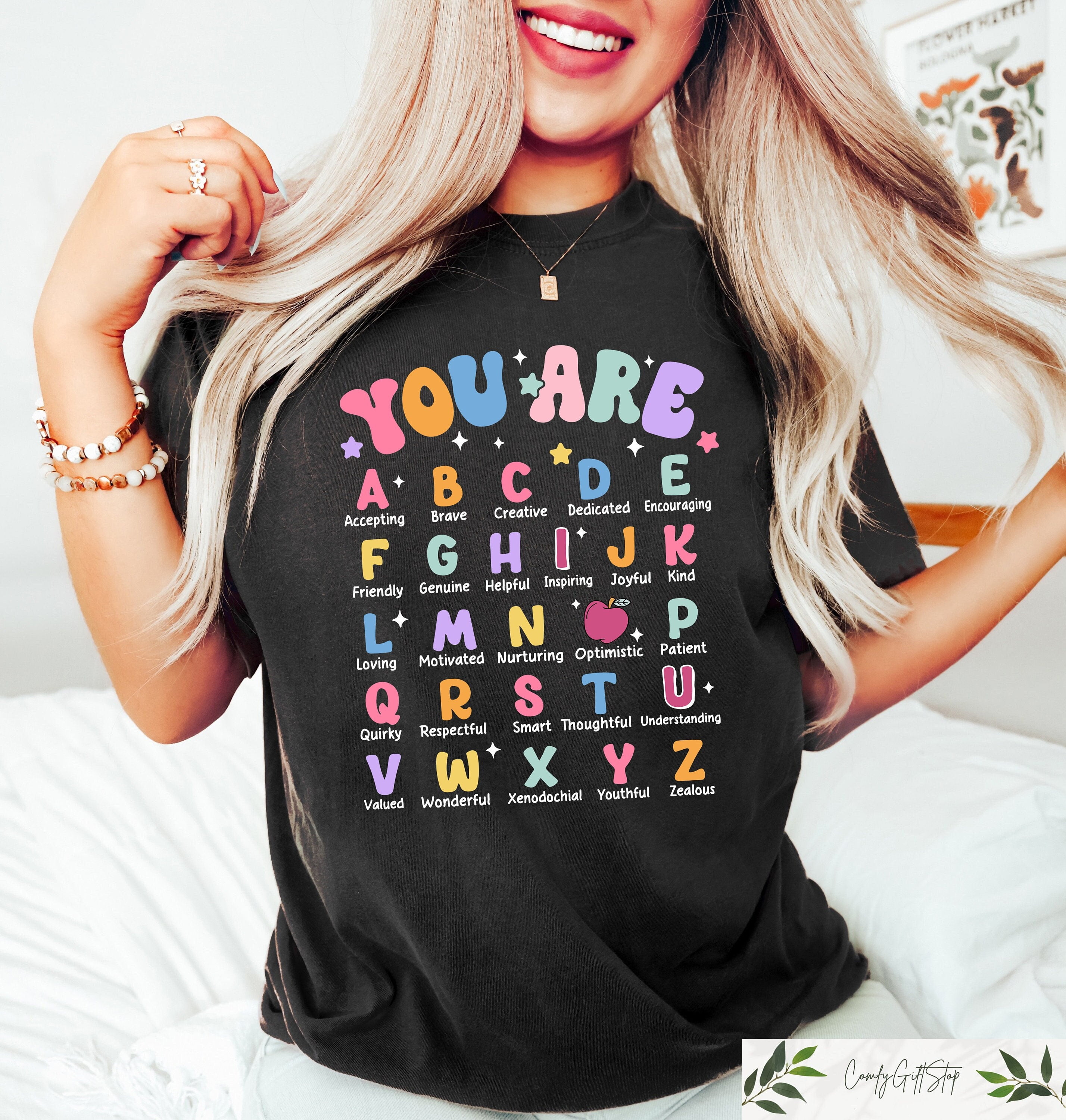 Teacher Affirmation Shirt Alphabet Positivity Teaching Back To School ...