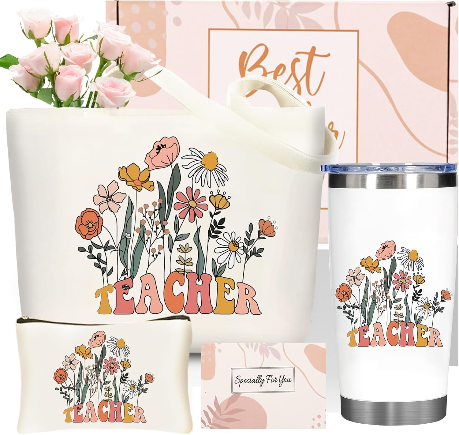 Teacher Appreciation Gift Set: 20oz Insulated Tumbler & Canvas Tote Bag ...