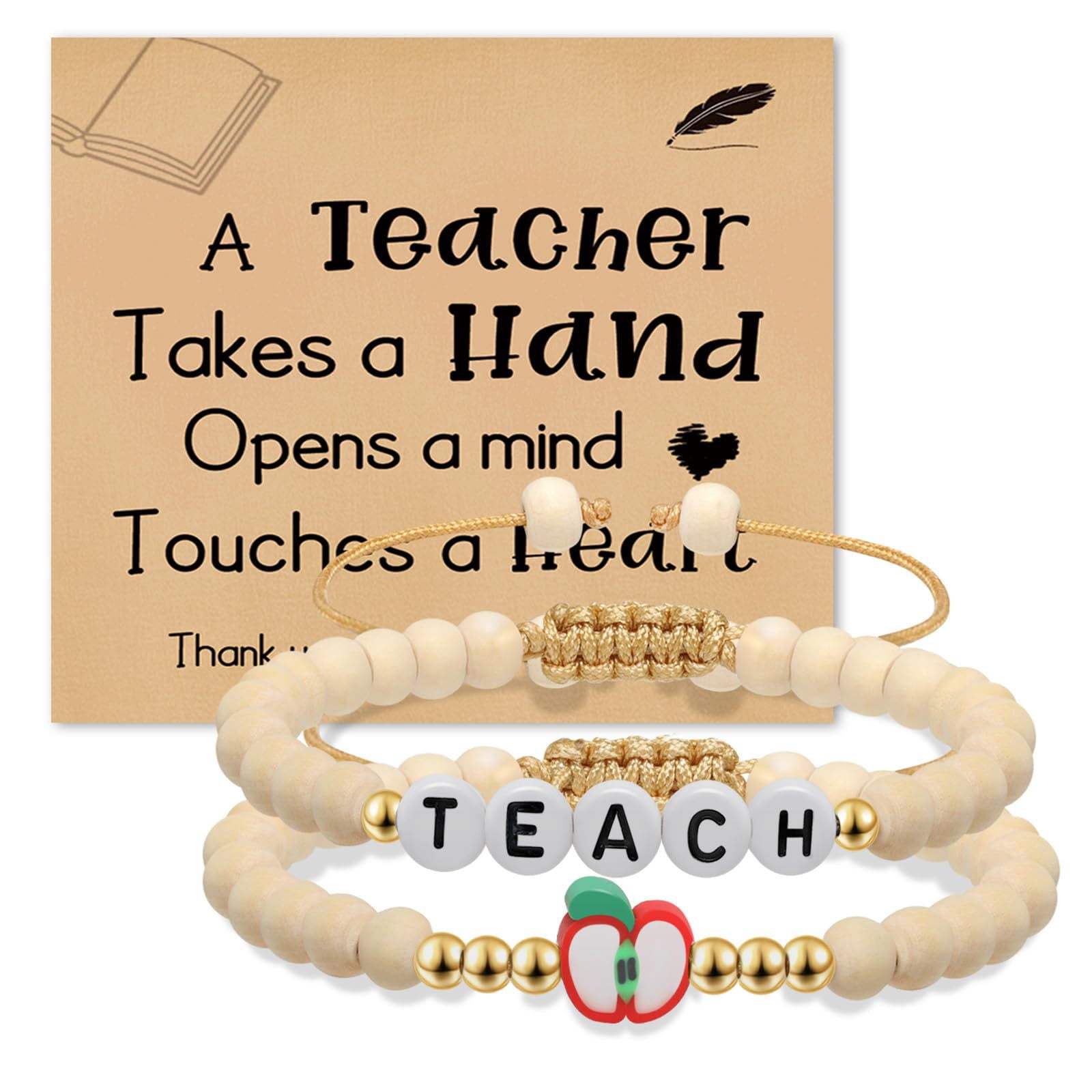 Teacher Appreciation Gifts Bracelet with Charm, Adjustable Wood Beaded ...