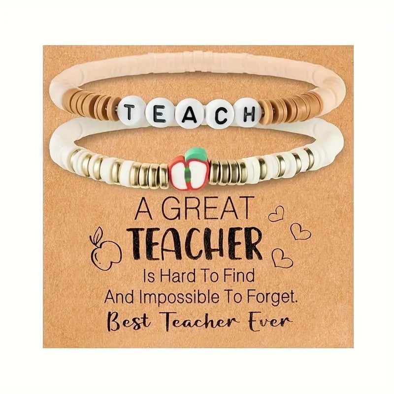 Teacher Bracelet Gift Set - Cute Apple Charm Beaded Bracelet with ...