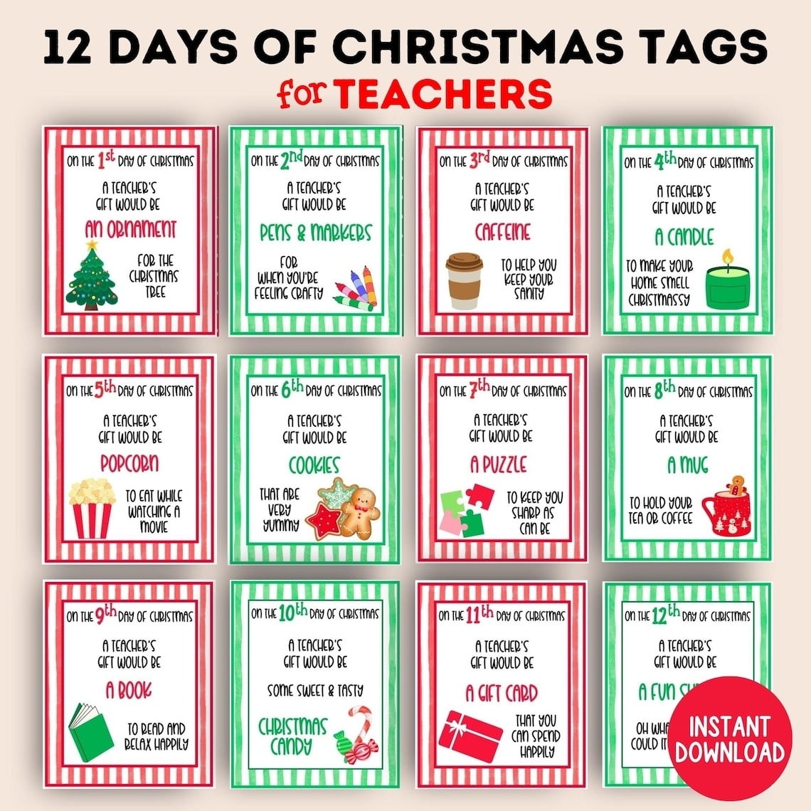 Teacher Christmas Gift Tags Set – 12 Days Countdown Tags with Festive ...