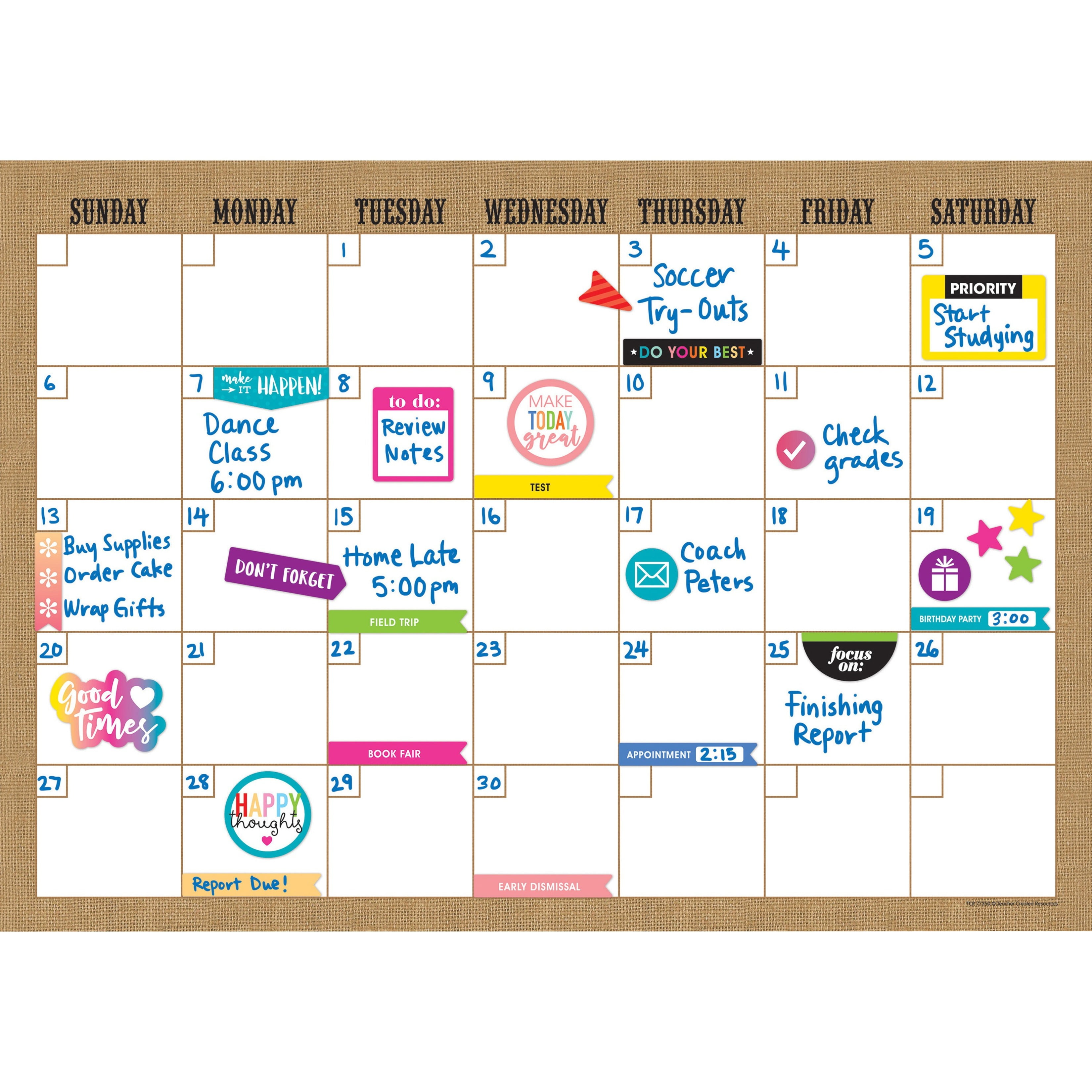 Teacher Created Resources Clingy Burlap Calendar Set Monthly - 17" x 12 ...