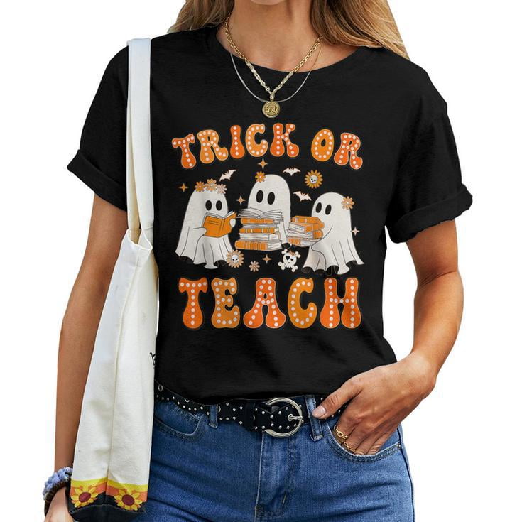 Teacher Halloween Trick Or Teach T-Shirt – Retro Groovy Floral Ghost ...