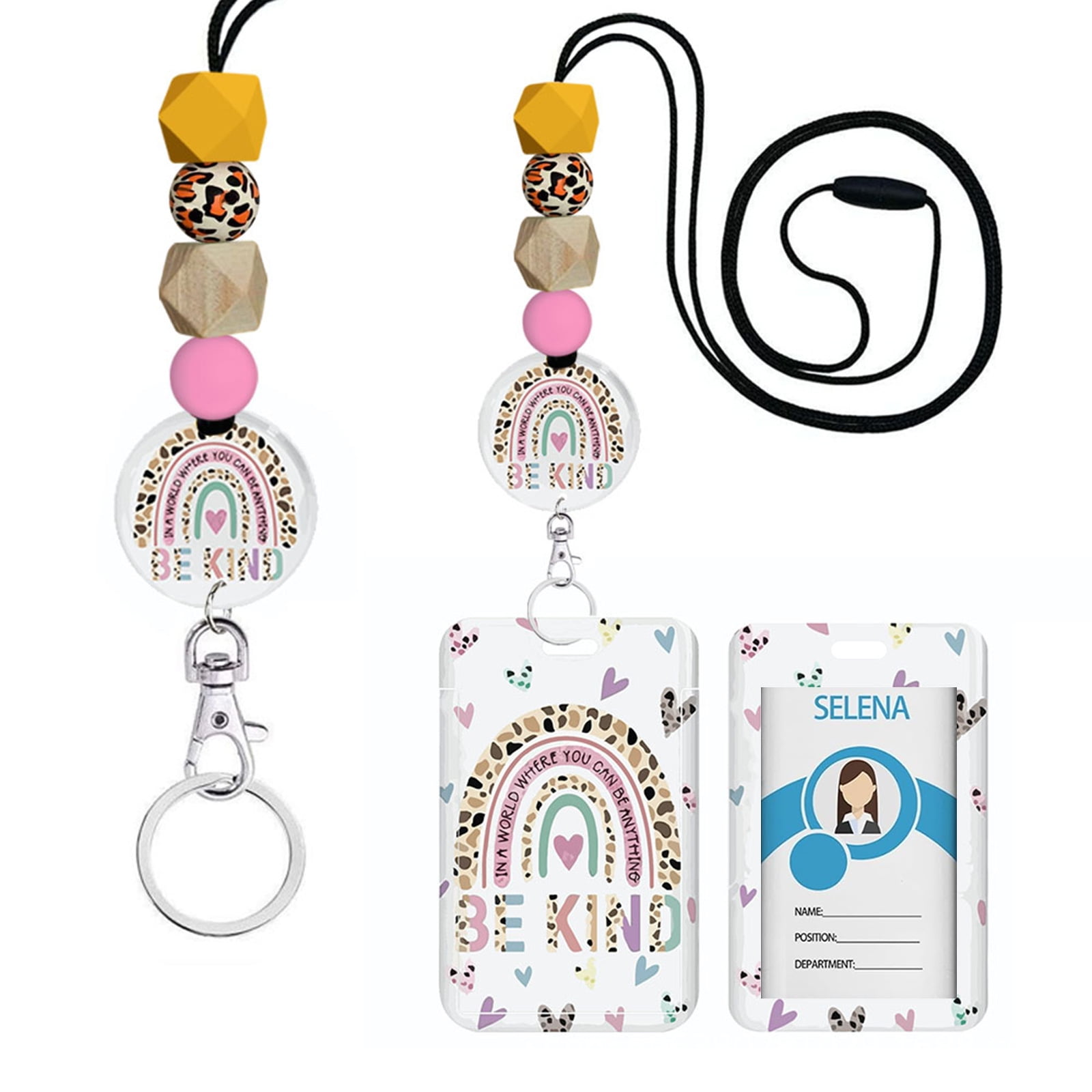 Teacher Lanyard for ID Badge Card, Cute Be Kind Leopard Rainbow Women ...