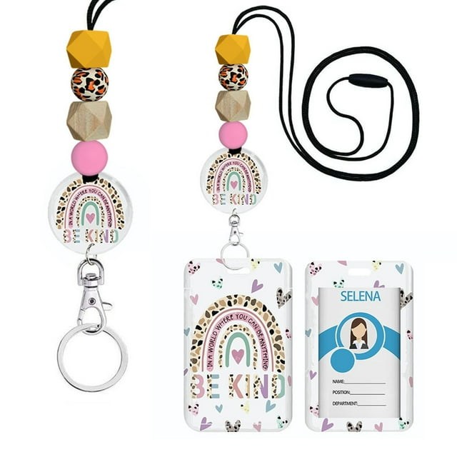 Teacher Lanyard for ID Badge Card, Cute Be Kind Leopard Rainbow Women ...