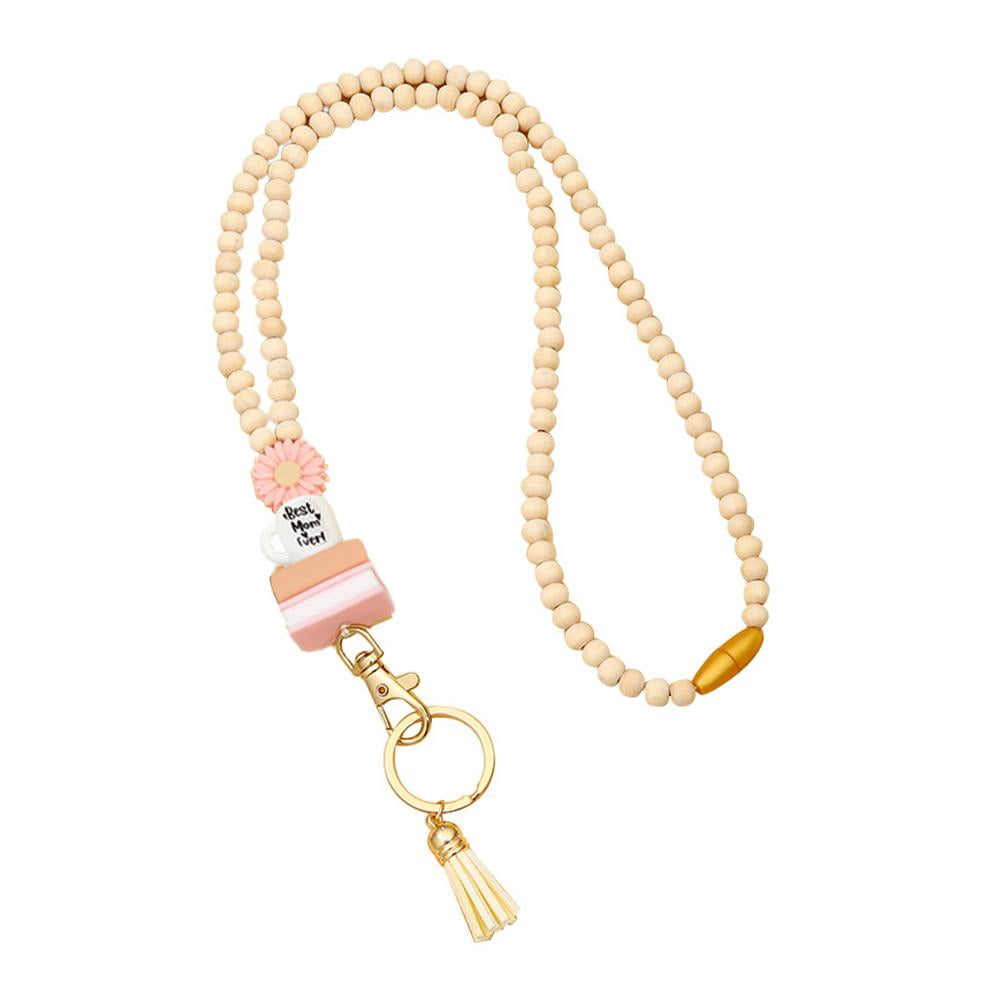 Teacher Lanyard with ID Holder, Fashion Wood Beaded Lanyard for Keys ...