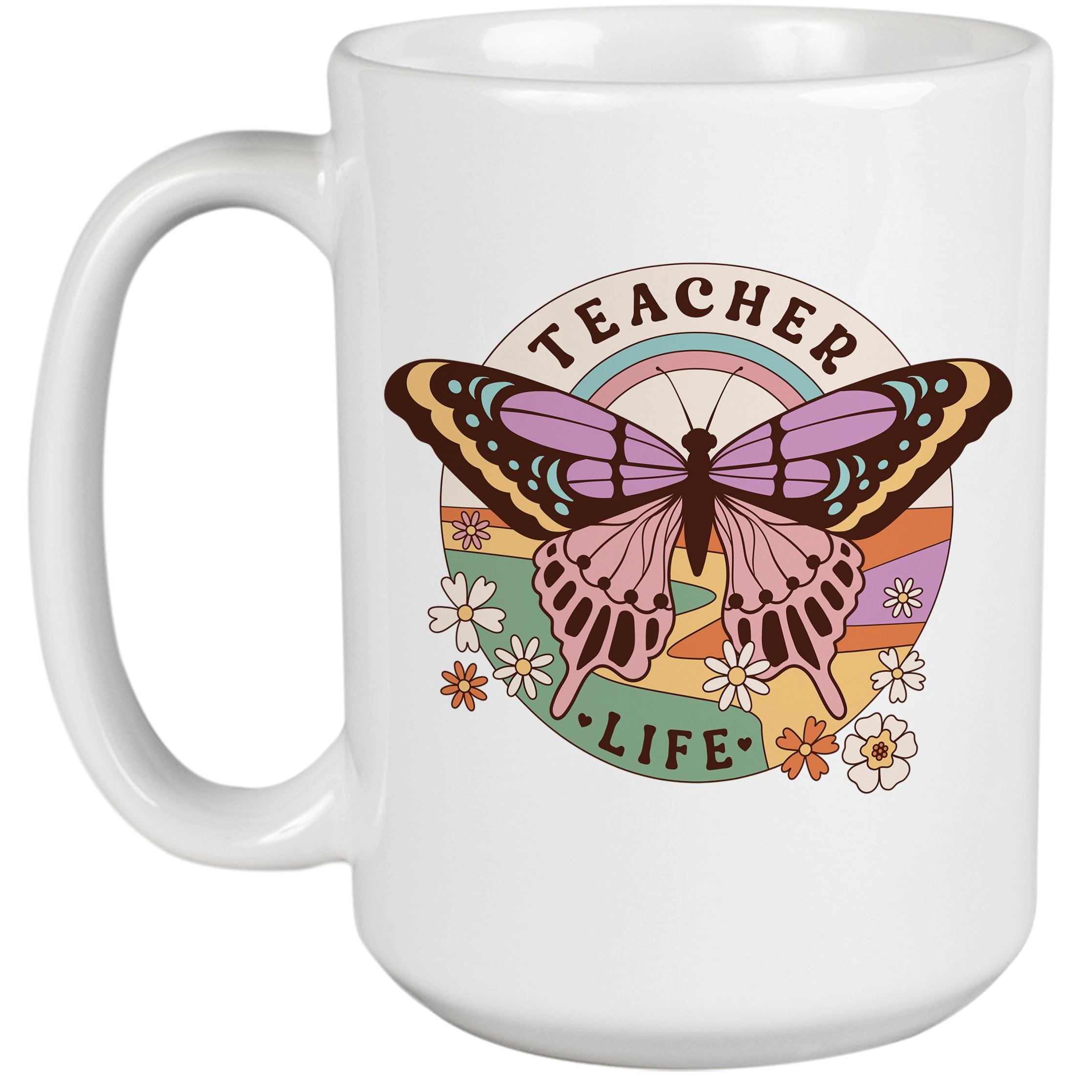 Teacher Life, Retro Butterfly Art Merch Gift, White 15oz Ceramic Mug ...