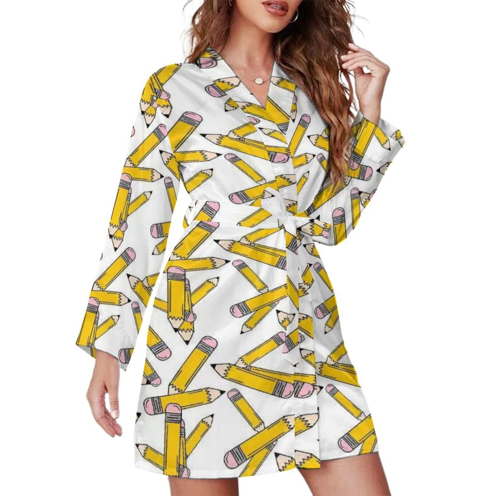 Teacher Pencils Night Robe Long Sleeve V Neck Robe With Belt Women's ...