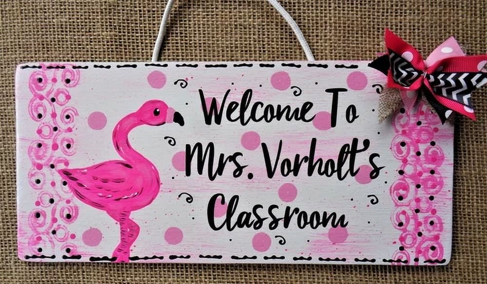 Teacher Pink Flamingo Sign Wall Room Door Hanger Plaque Classroom Class ...