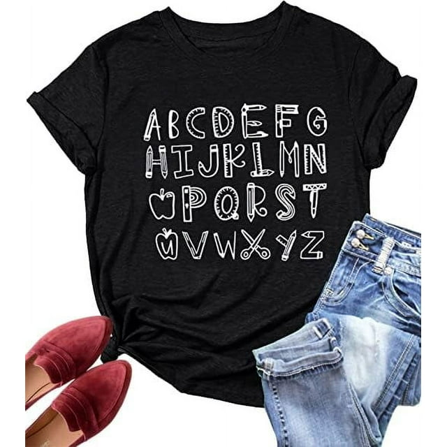 Teacher Shirt ABC Alphabet Elemeno Women Letter Print Graphic Tee Tops ...