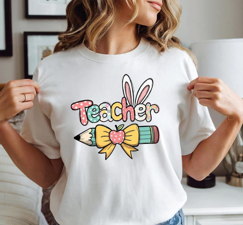 Teacher Shirt Teacher Bunny Design School Spring Outfits Book Lover Tee ...