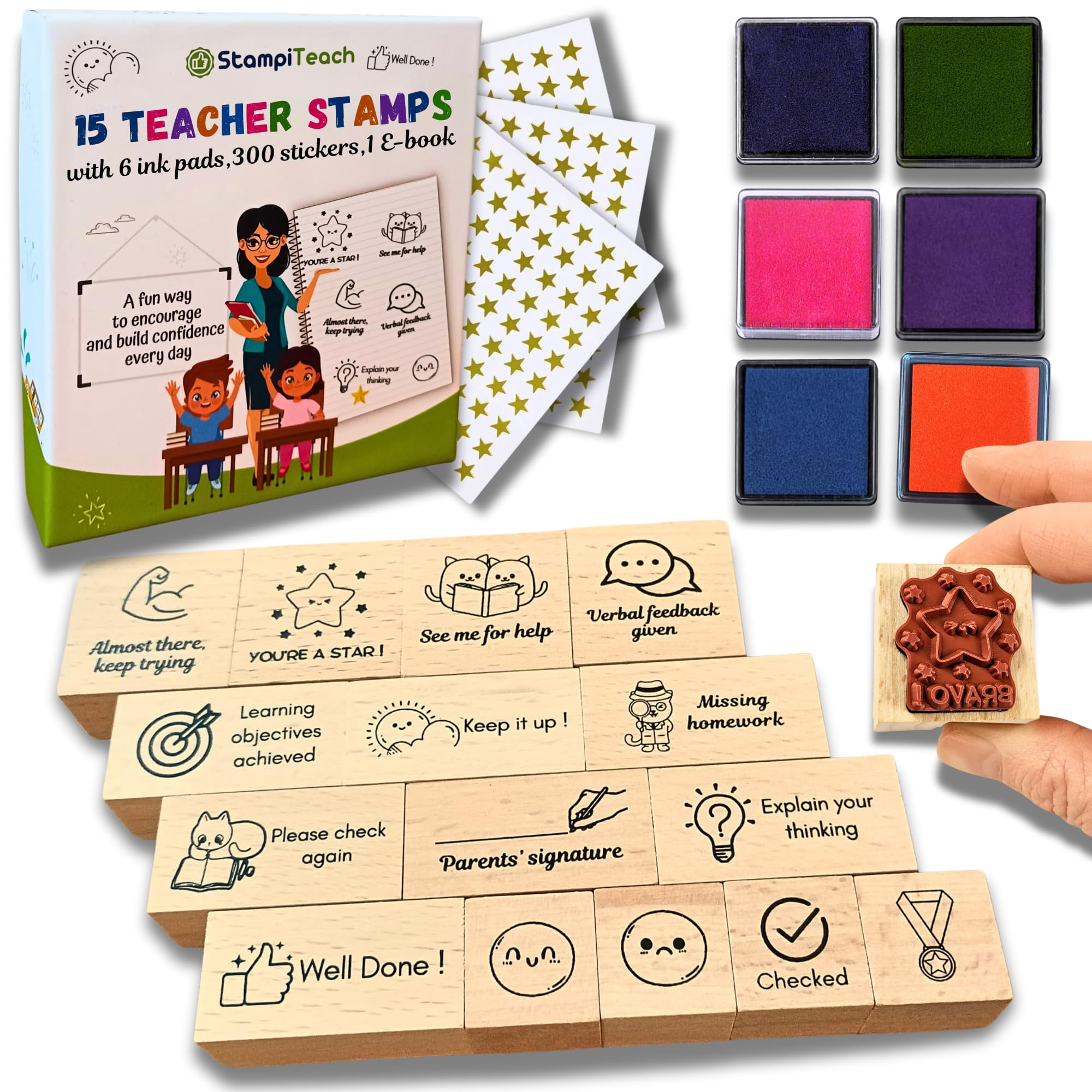 Teacher Stamp Set – 15 durable and motivational wooden teacher stamps ...