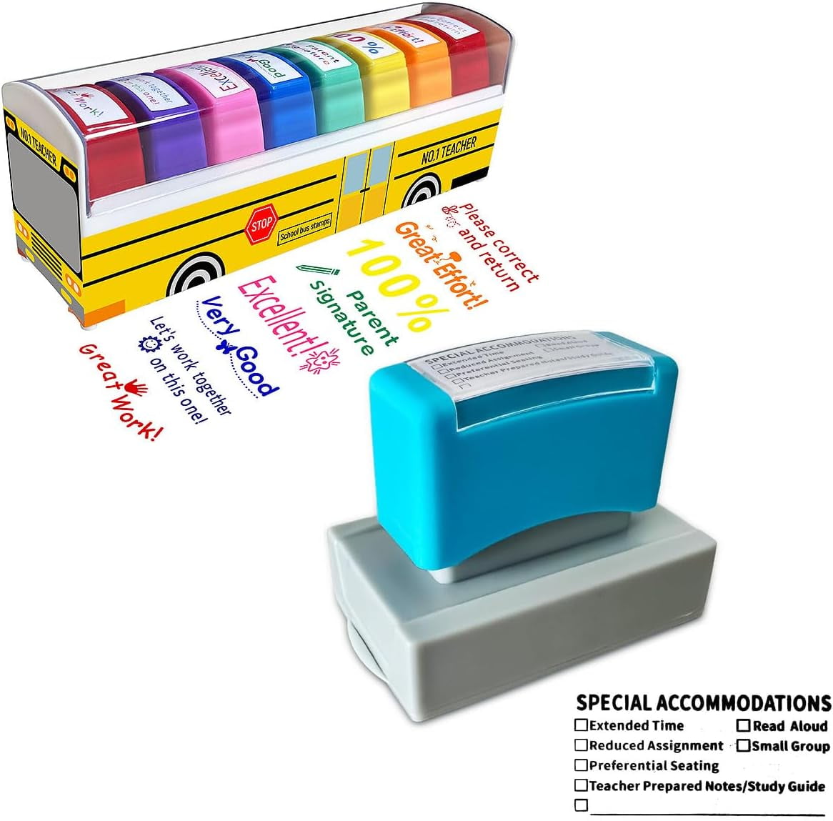 Teacher Stamp Set: 8 Self-Inking Motivational Grading Stamps in School ...