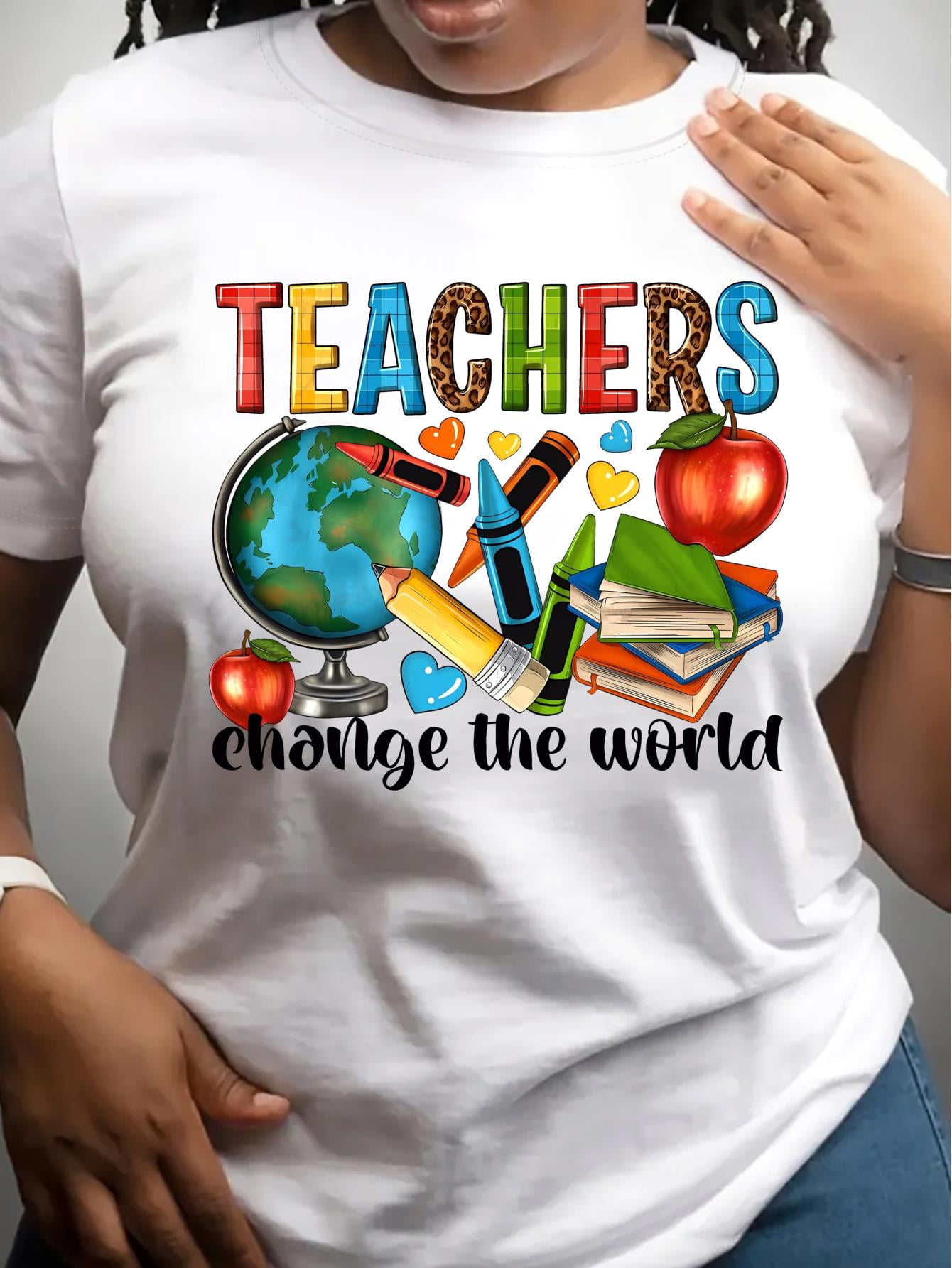 Teacher-Themed Crew Neck T-Shirt - Casual Short Sleeve, Machine ...