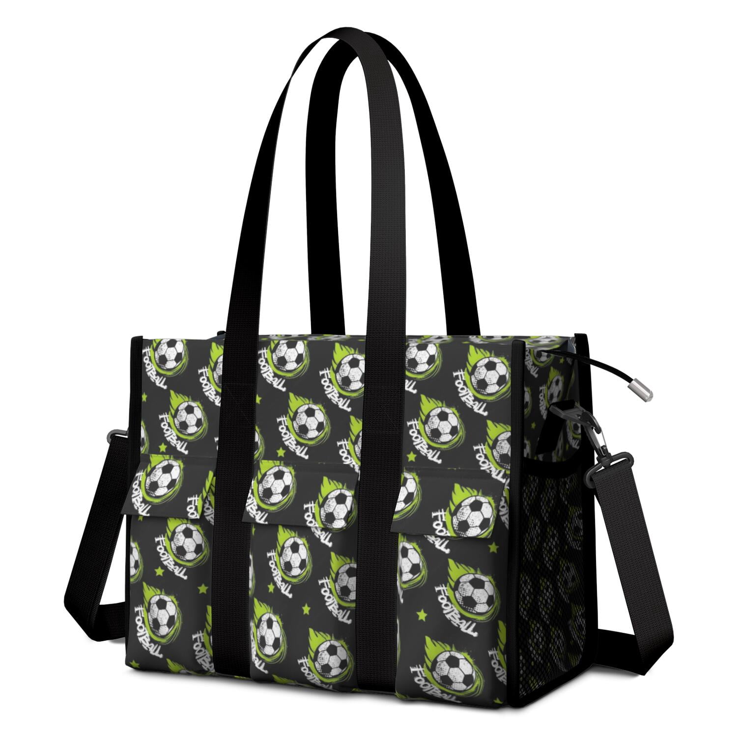 Teacher Tote Bag,Black Soccer Balls with Green Elements Pattern Teacher ...