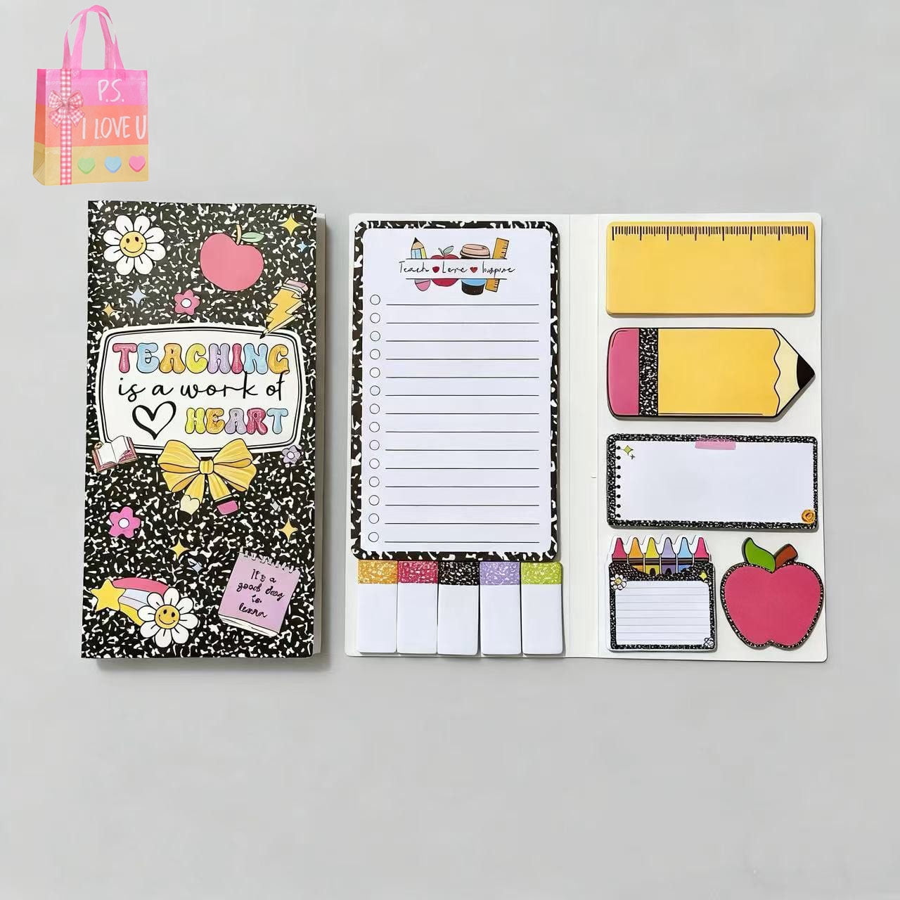 Teaching is a Work of Heart Sticky Note Set - Cute Sheets Pencil Shape ...
