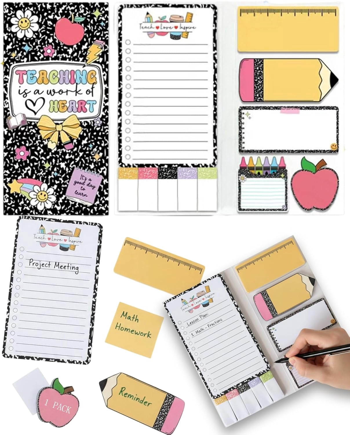 Teaching is a Work of Heart Sticky Note Set - Cute Sheets Pencil Shape ...