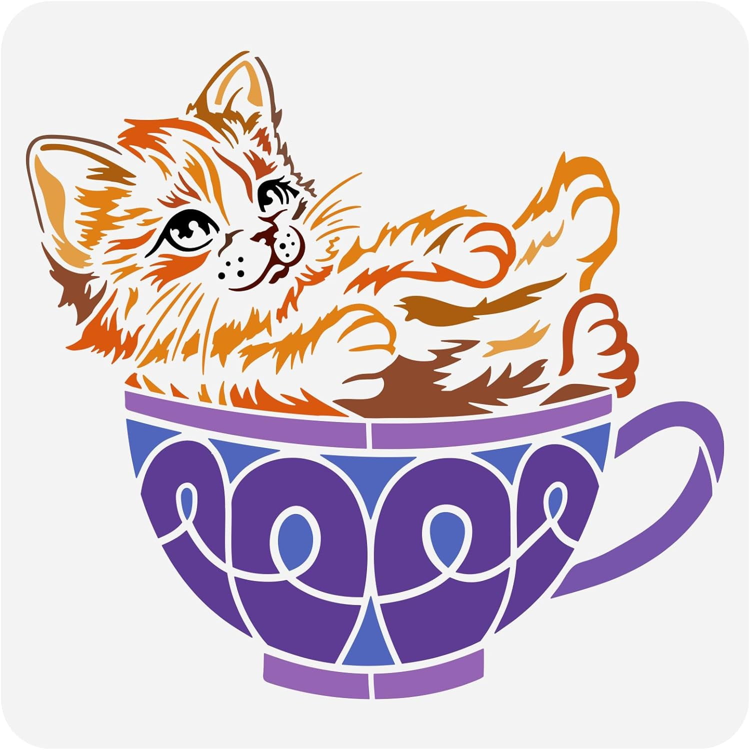 Teacup Cat Painting Stencil 11.8x11.8 inch Cute Kitten Drawing Stencil ...