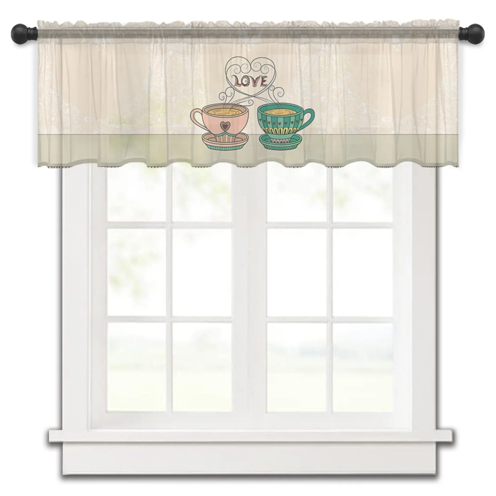 Teacup Gray Desktop Love White Pattern Small Window Curtain Tulle Sheer ...