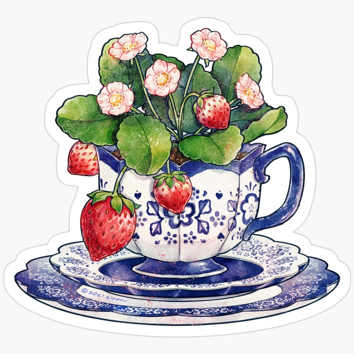 Teacup With Strawberry Plant Sticker. Gift For You - Decorate Laptops ...