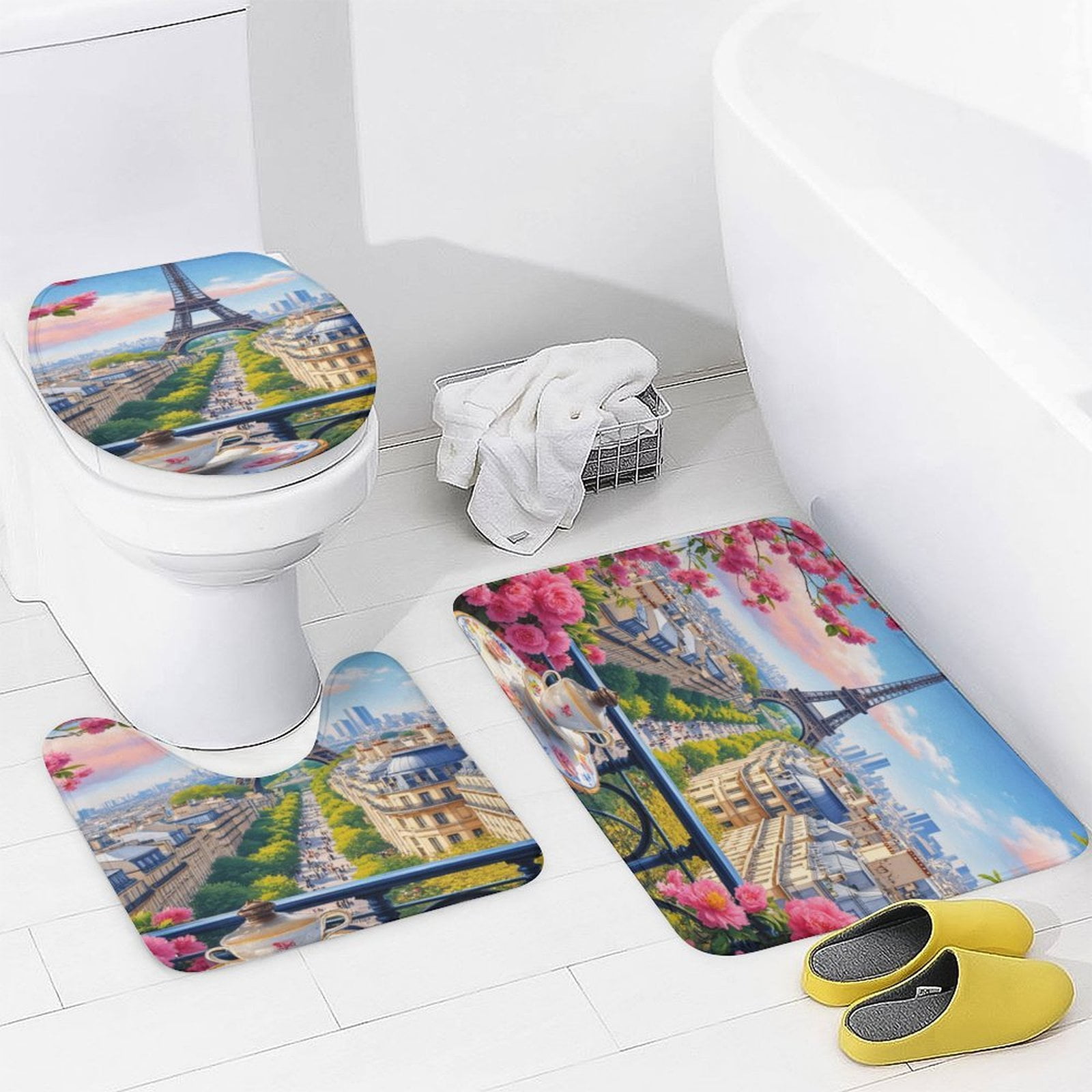Teacup on Floral Table, Eiffel Tower View Bathroom Rugs Sets 3 Piece ...