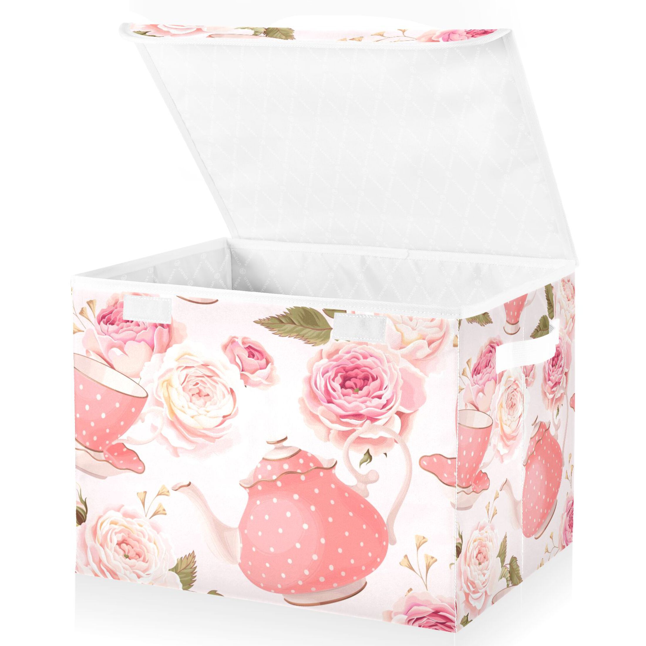 Teacups and Flowers with Pink Large Lidded Storage Bin Foldable Storage ...