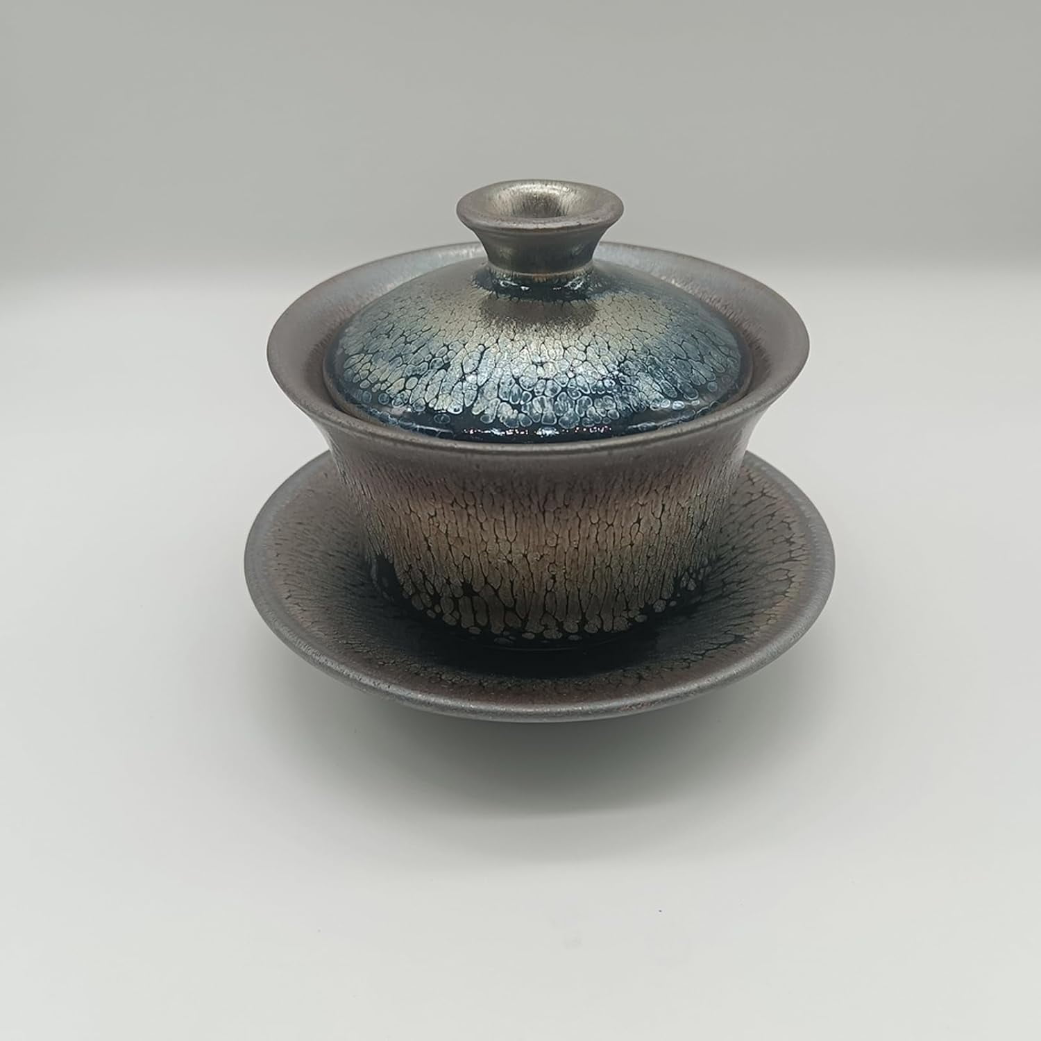Teacups Set, Tenmoku Glaze Oilspot Gaiwan Tea Cup with Lid and Saucer, Chinese Traditional ...