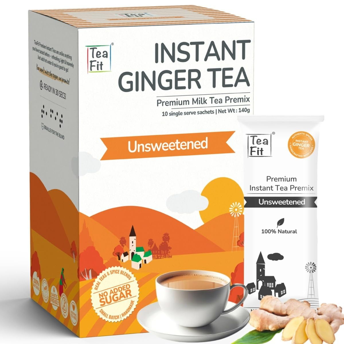 Teafit Unsweetened Instant Ginger Tea Premix - Pack Of 20 Sachets, 280gm, 9.8 Ounce | Premium ...
