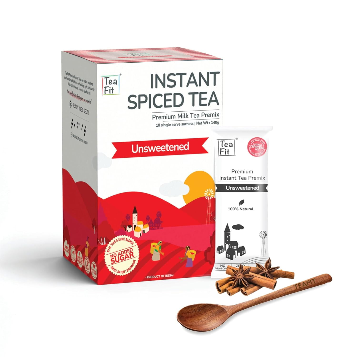 Teafit Unsweetened Instant Spiced Tea Premix - Pack Of 30 Sachets, 420gm, 14.8 Ounce | Premium ...