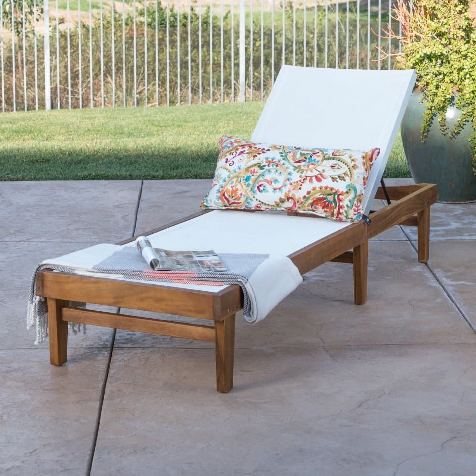 Teak Acacia Chaise Lounge Outdoor, White Mesh Beach Chair, Pool Patio ...
