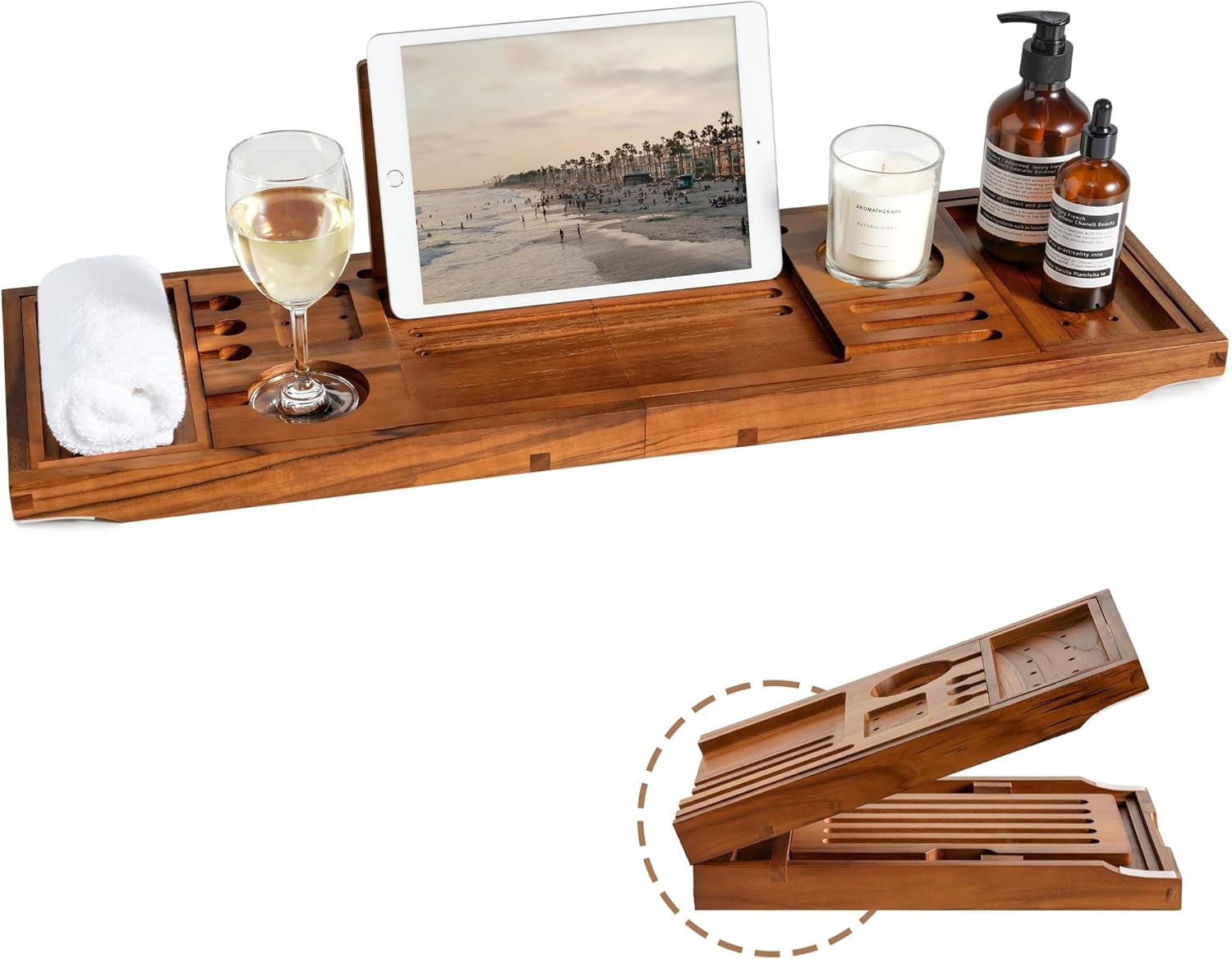 Teak Bathtub Tray | Adjustable Width Tray with Wine Holder, Tablet ...