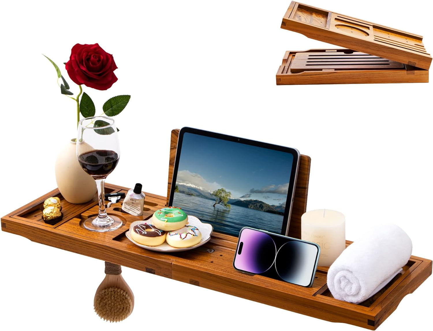 Teak Bathtub Tray - Bathtub Caddy for Luxury Bath Foldable Bath Tray ...