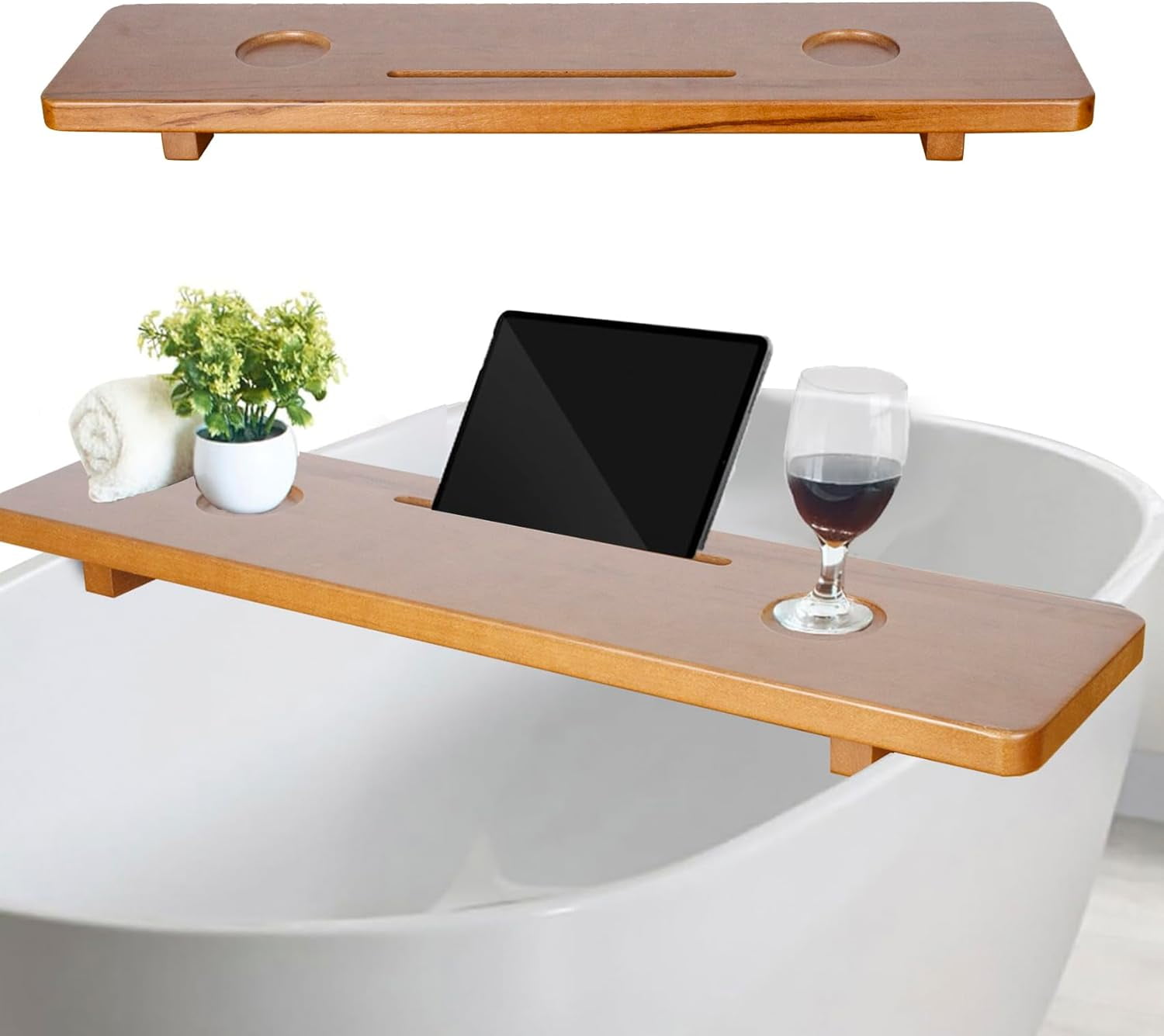 Teak Bathtub Tray Caddy with Adjustable Legs, Large & Thick Bath Tub ...