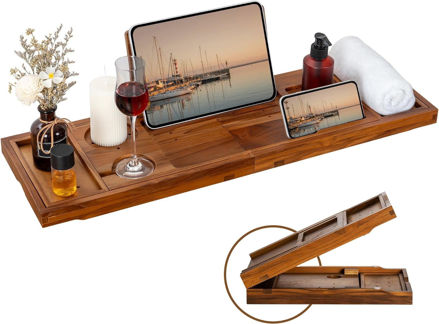 Teak Bathtub Tray - Luxury Bath Tray with Expandable Handles, Wine ...