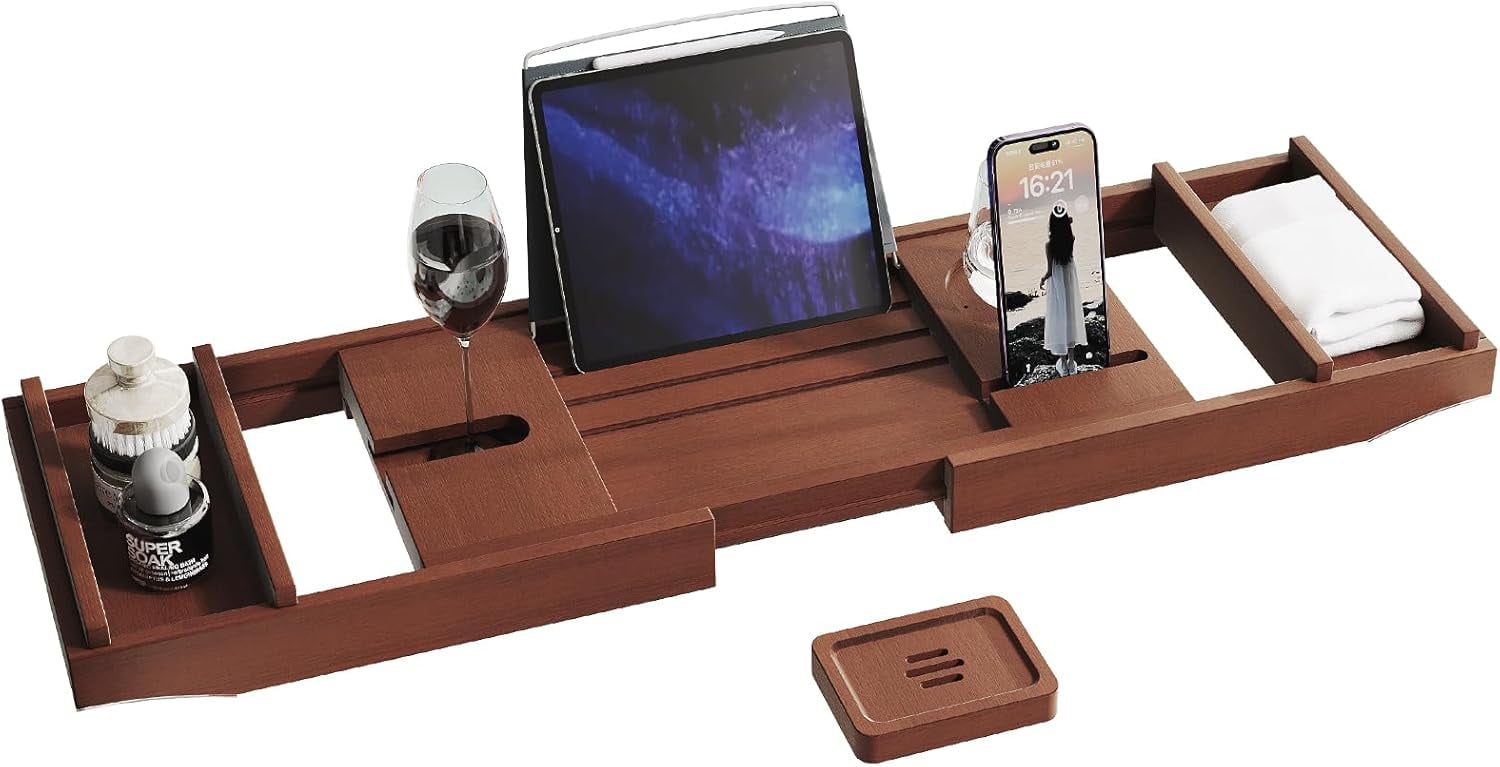 Teak Bathtub Tray, Wooden Bath Tub Tray Expandable Teak Bath Caddy with ...