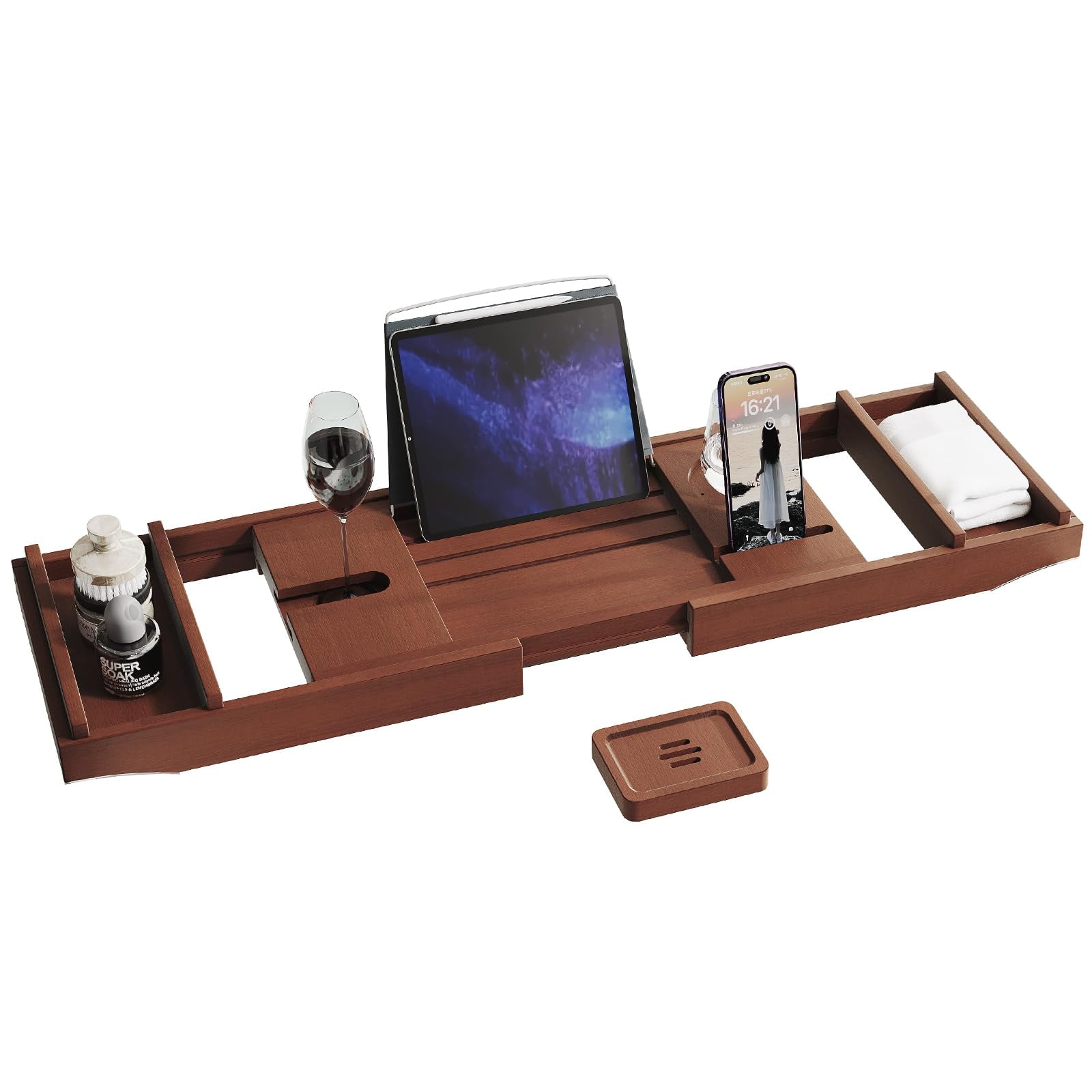 Teak Bathtub Tray, Wooden Bath Tub Tray Expandable Teak Bath Caddy with ...