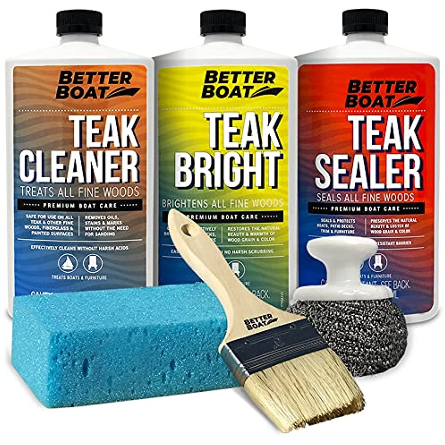 Teak Cleaner Set with Sealer, Brightener, Scrub, Brush for Deck, Patio ...
