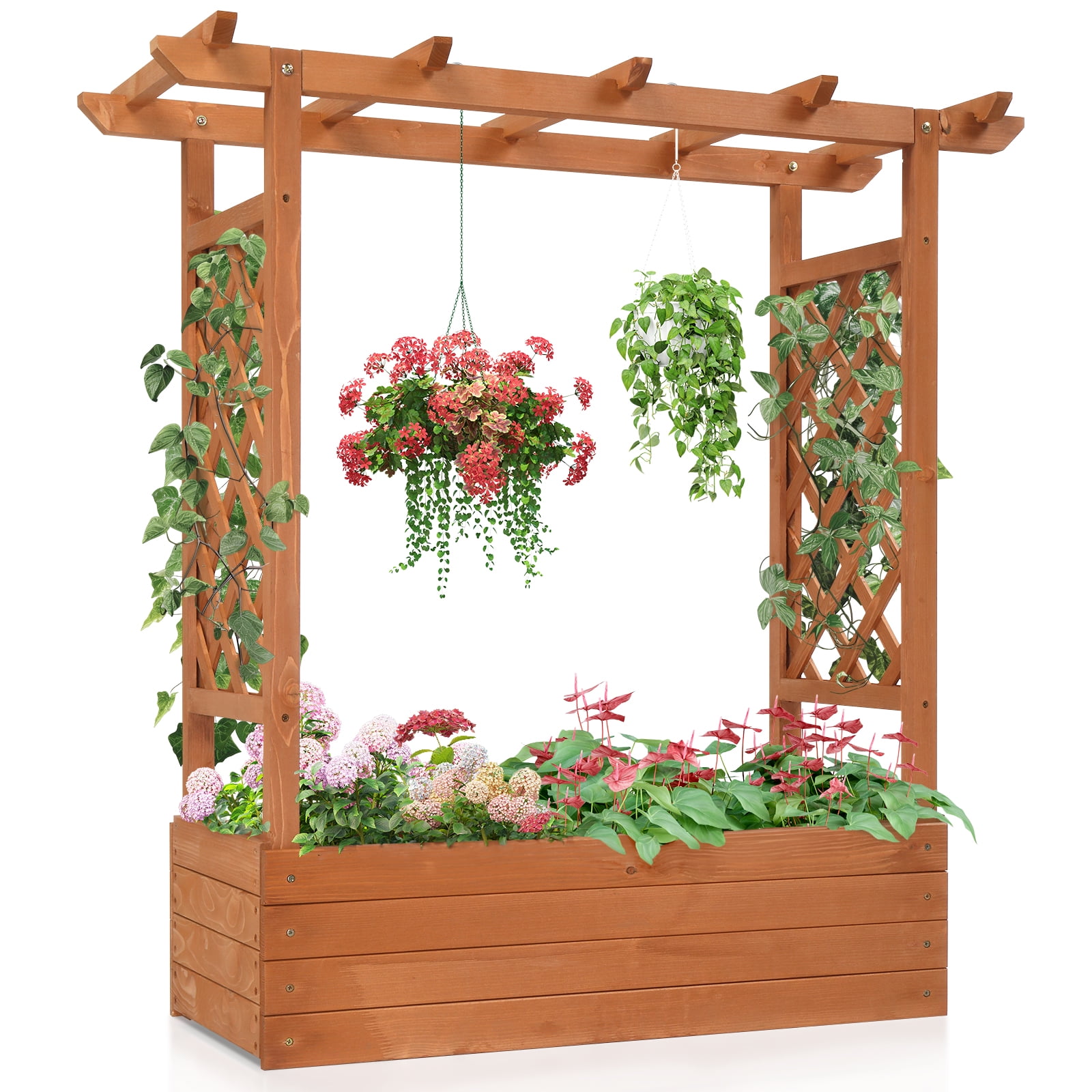 Teak Color Raised Planter Box with Trellis – 43.5" Fir Wood Garden Bed ...