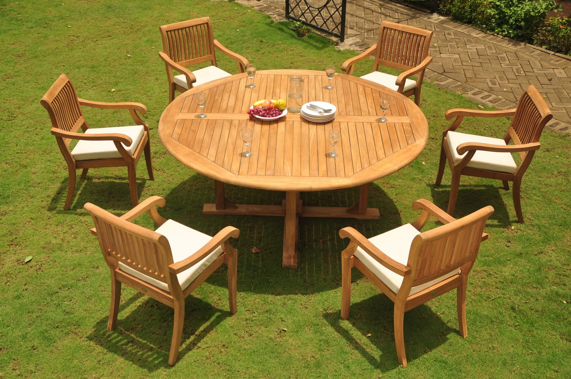 Teak Dining Set: 6 Seater 7 Pc: 72" Round Dining Table And 6 Arbor ...