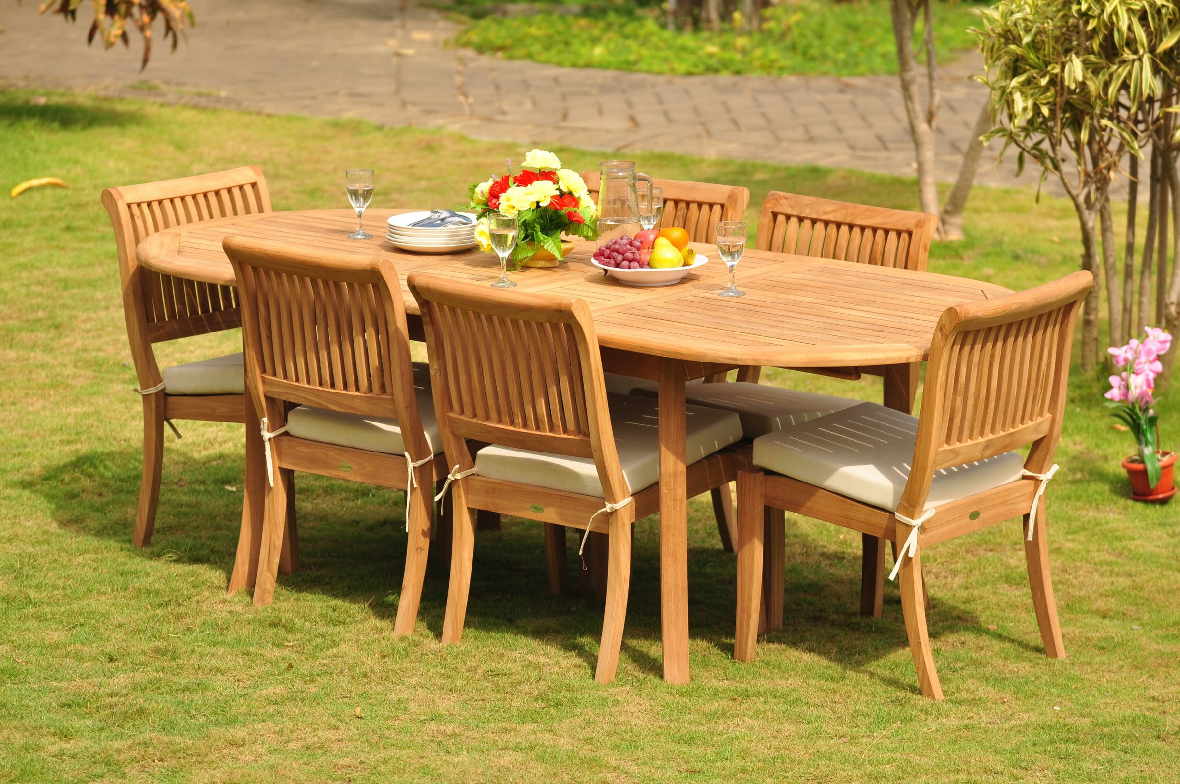 Teak Dining Set: 6 Seater 7 Pc: 94" Oval Table & 6 Stacking Arbor ...