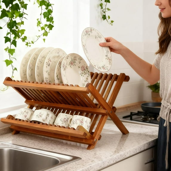 Teak Dish Drainer Rack Collapsible 2 Tier Dish Rack Dish Drying Rack ...