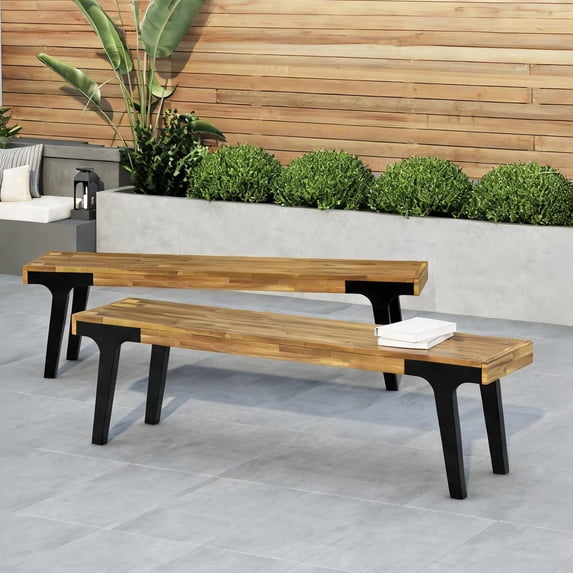 Teak Finish Modern Dining Bench Set of 2 – 63-Inch Acacia Wood Patio ...
